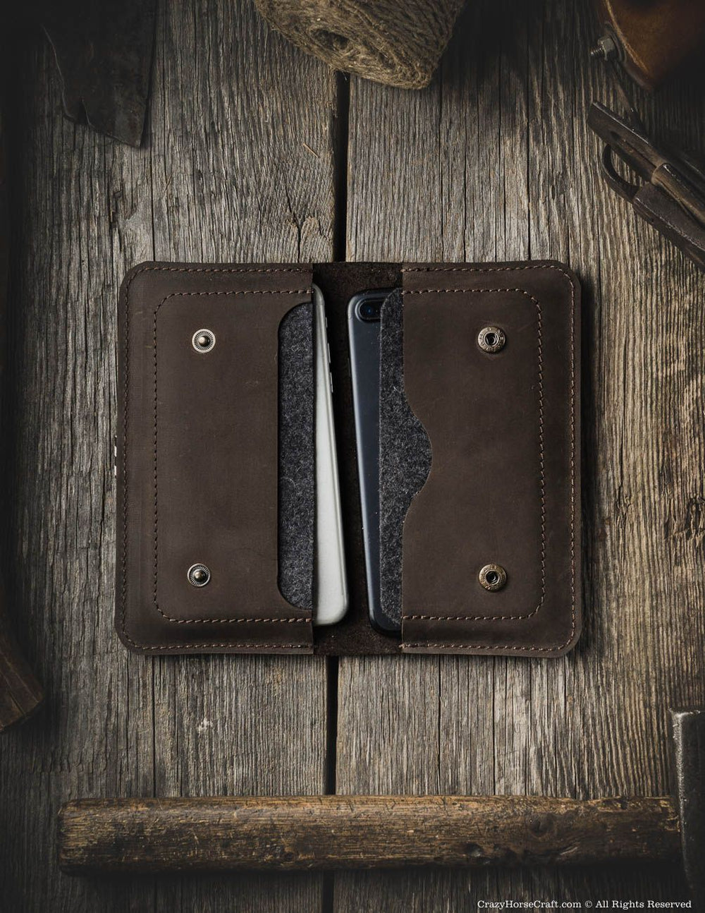 Leather iPhone Wallet / Case for two phones | Wood Brown
